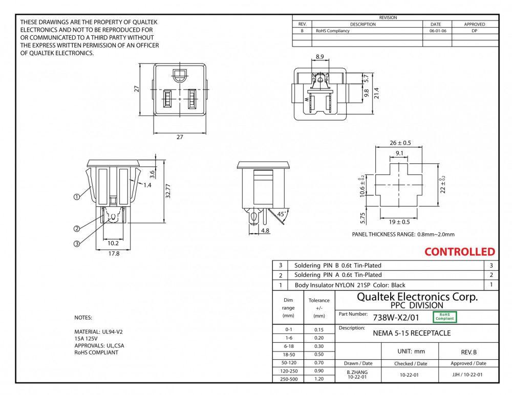 738W-X2/01 NEMA 5-15 receptacle technical drawing