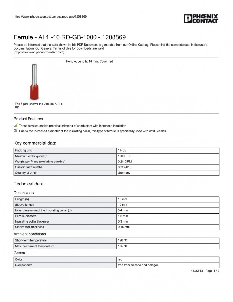 Phoenix Contact 1208869 product document page 1