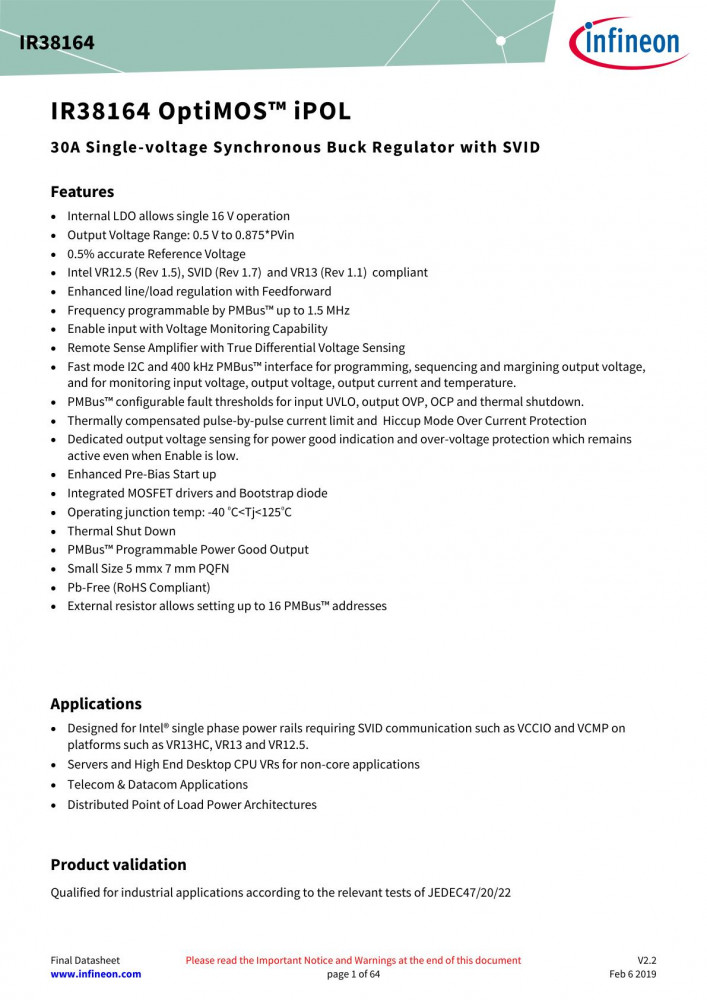 IR38164 datasheet page 1
