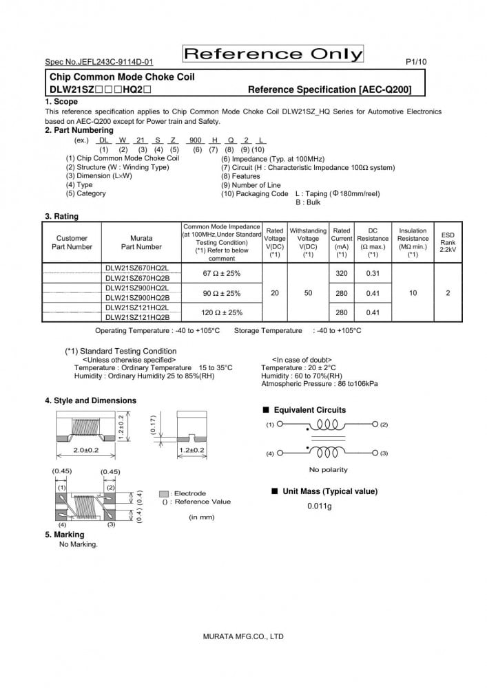 DLW21SZ121HQ2L specification page 1