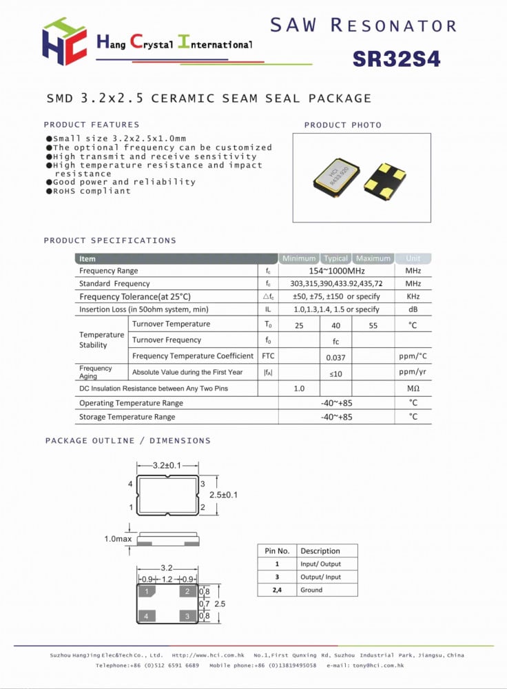 HCI SR32S4-868.350-F150IL22AL technical document page