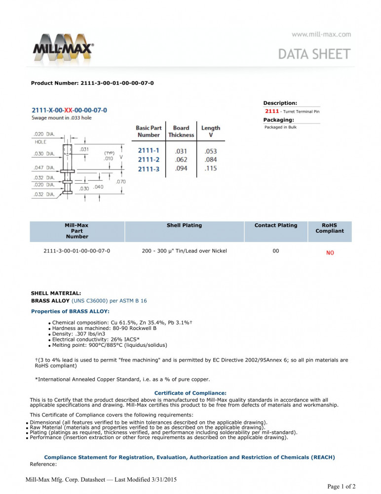 Mill-Max 2111 series technical document page 1