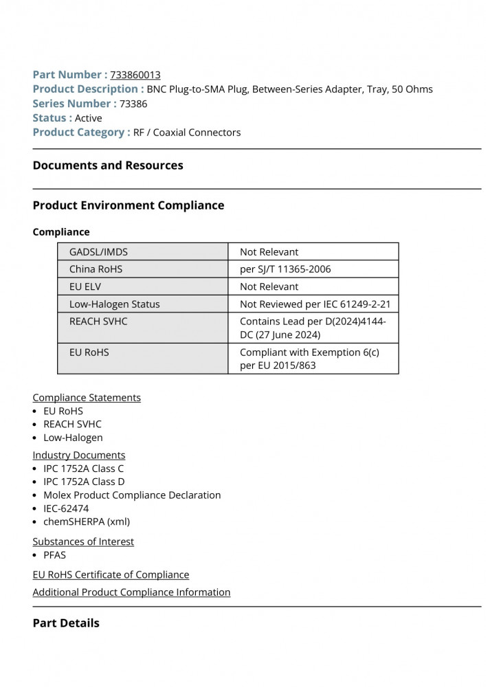 Product document image 1 for MOLEX 733860013