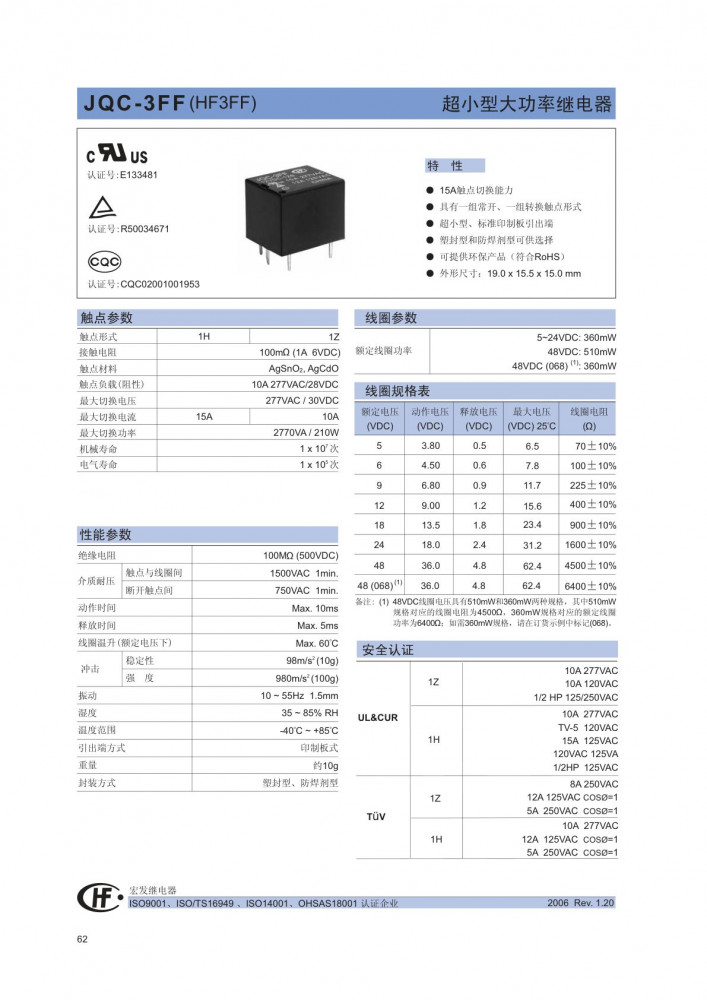 HONGFA JQC-3FF datasheet page 1