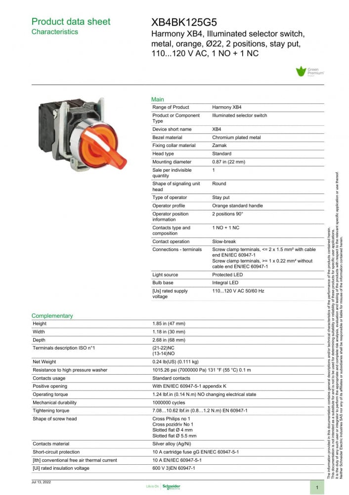 XB4BK125G5 technical document page 1