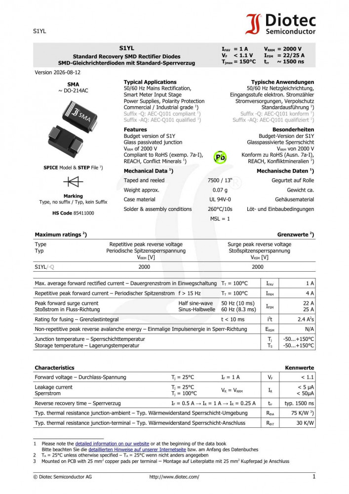 DIOTEC S1YL datasheet page 1
