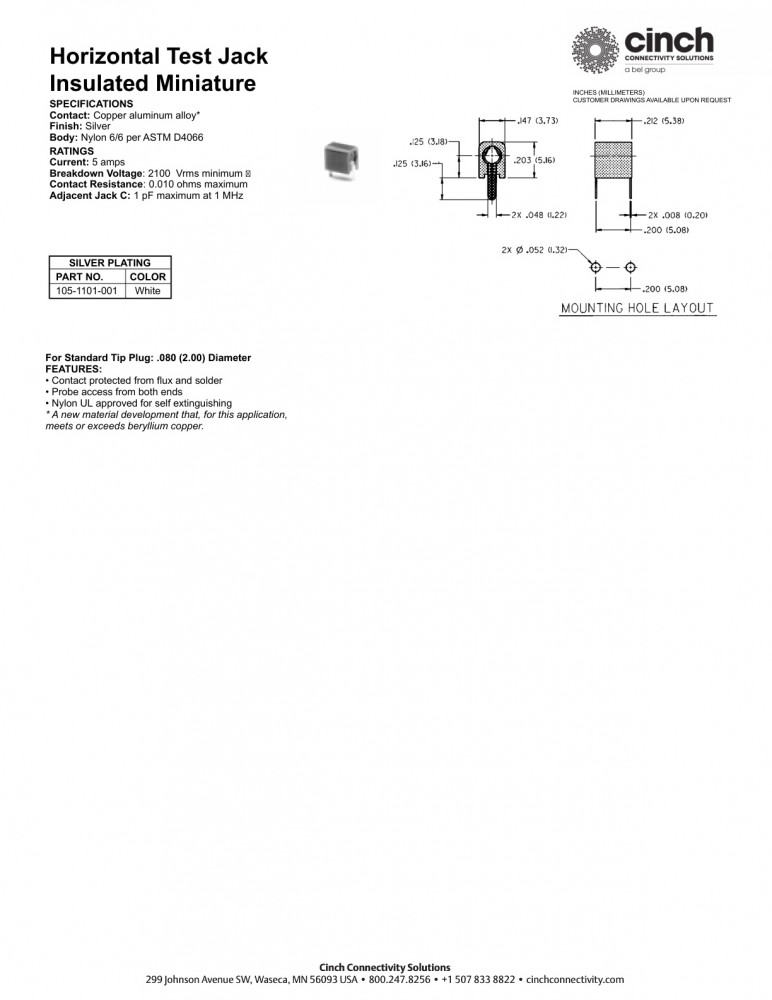 Bel Fuse 105-1101-001 product document and mounting-hole layout