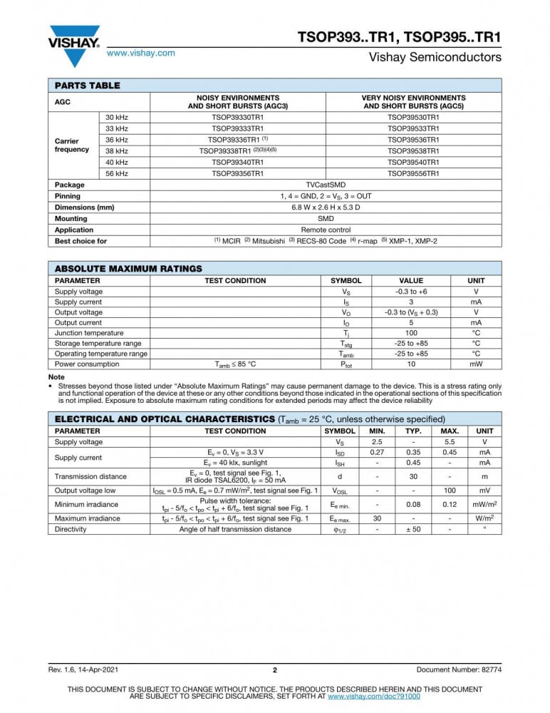 TSOP39338TR1 datasheet page 2