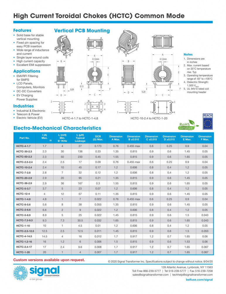 HCTC high current toroidal choke product documentation