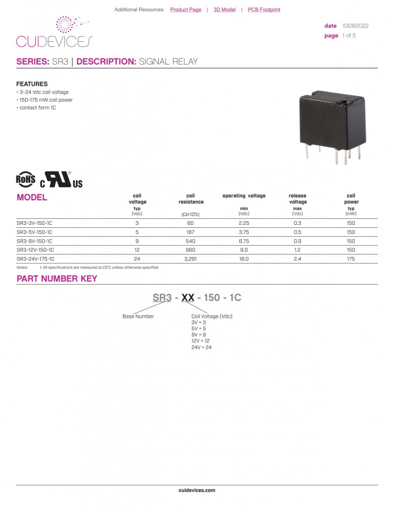 SR3 relay datasheet page 1