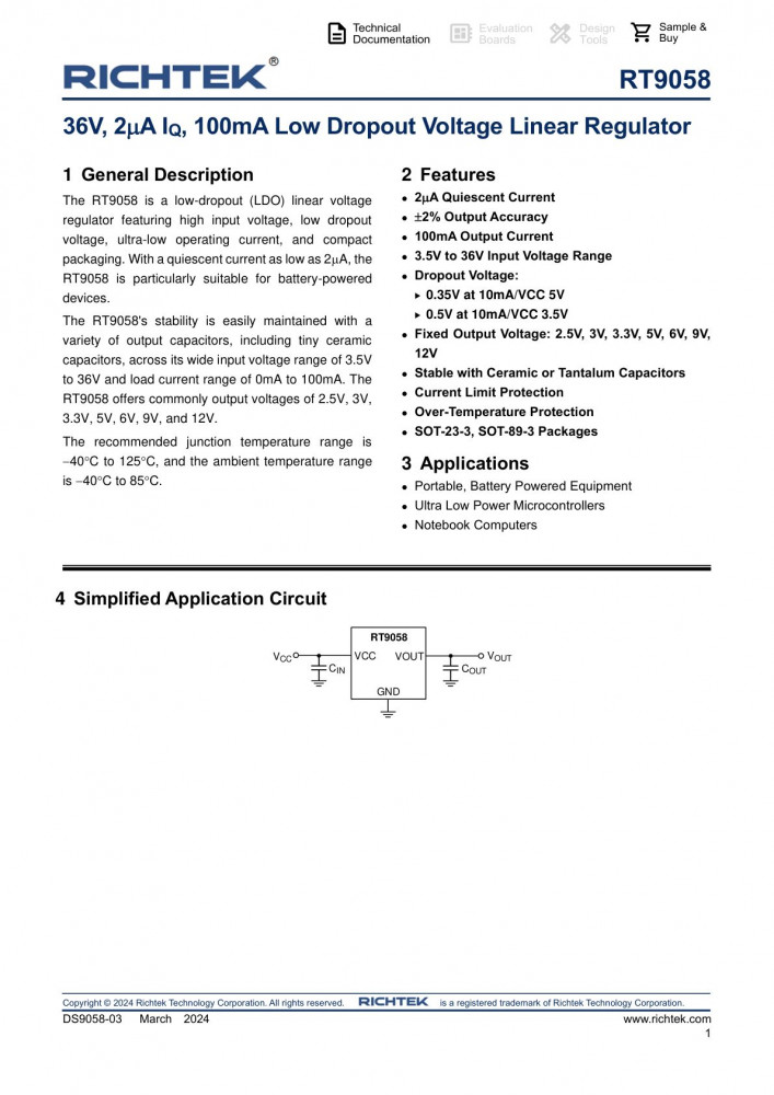 RT9058 datasheet page 1