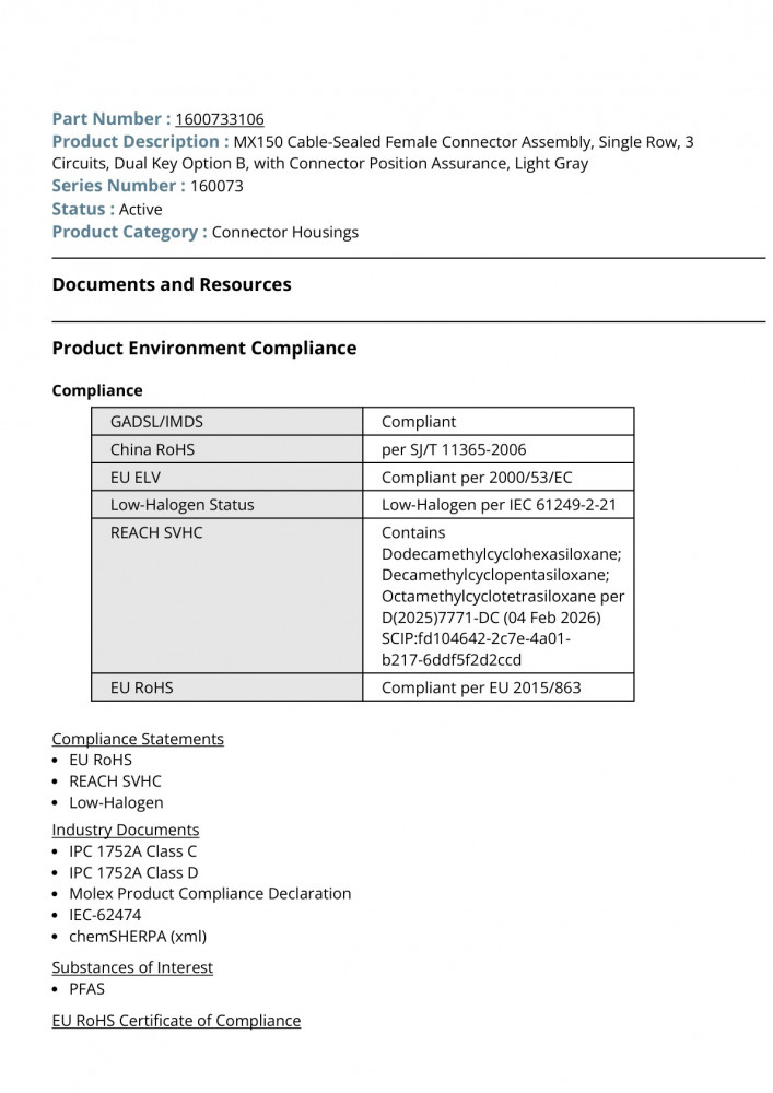 MOLEX 1600733106 technical document page 1