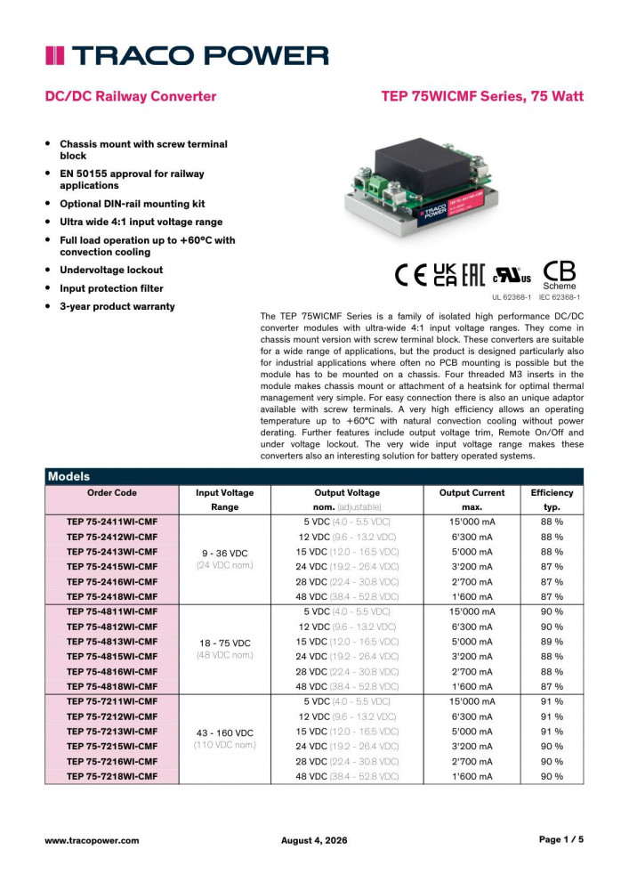 TEP 75WICMF technical document page 1