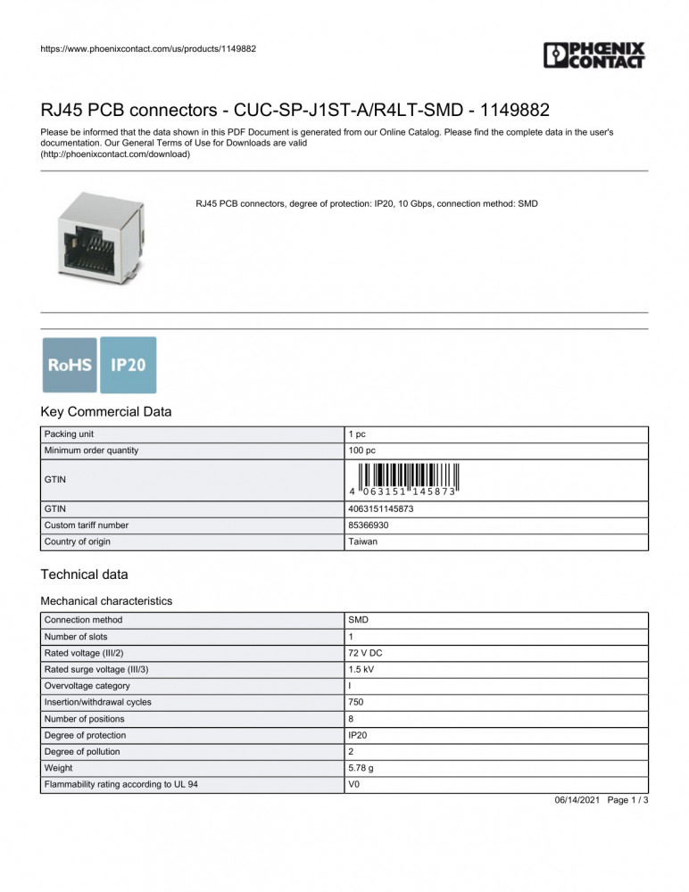 Phoenix Contact 1149882 product document page 1