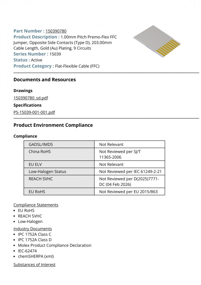 Molex 1.00 mm pitch FFC family specification, page 1
