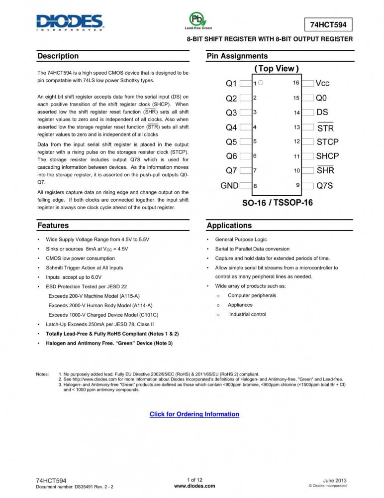 74HCT594T16-13 datasheet page 1