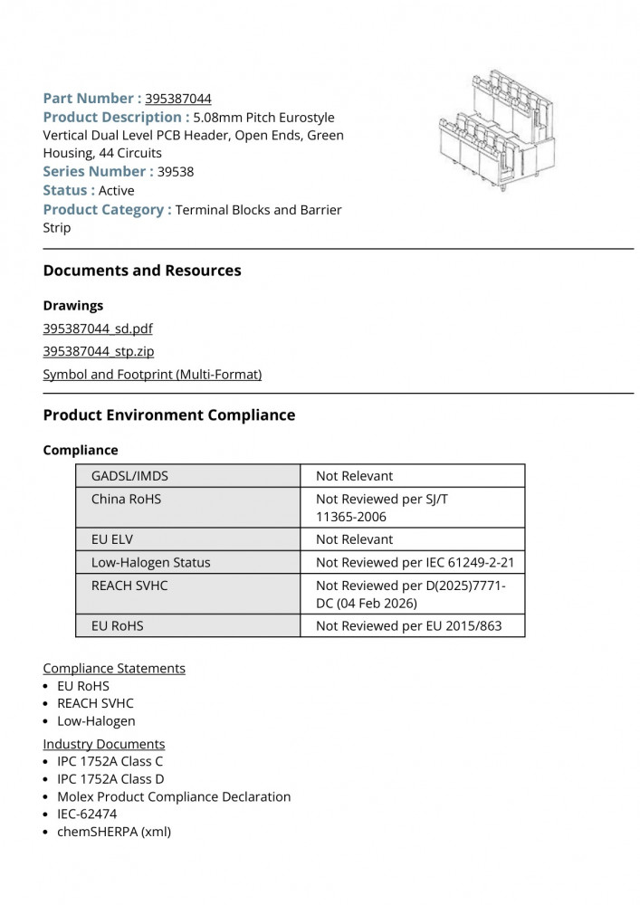 MOLEX 395387044 product document preview, page 1