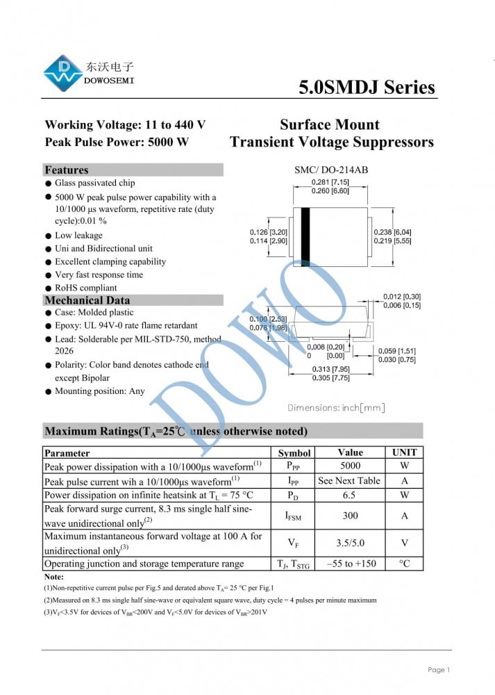 DOWO 5.0SMDJ series datasheet page 1