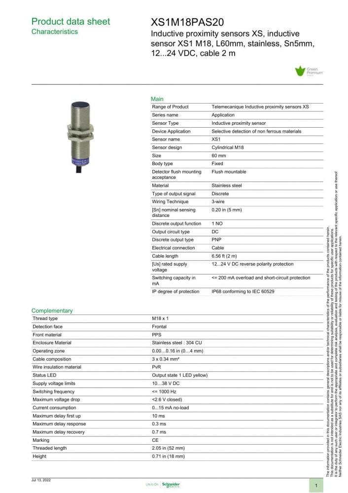 XS1M18PAS20 product documentation page 1