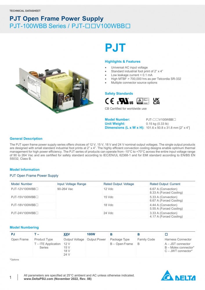 DELTA PJT-15V100WBBA datasheet page 1