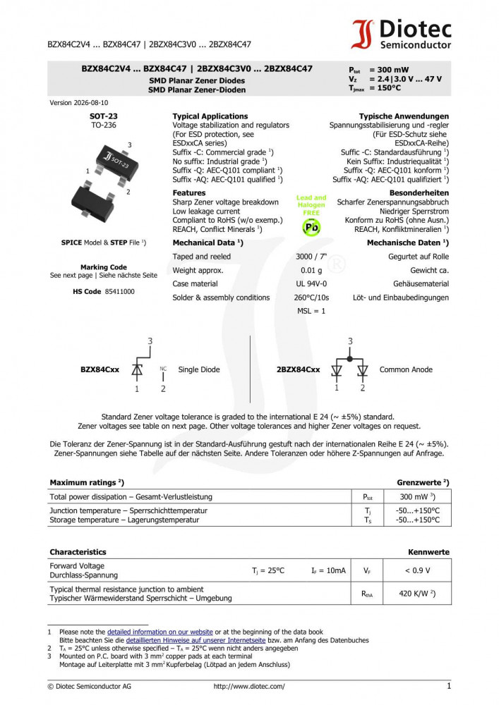 DIOTEC BZX84 family datasheet page 1