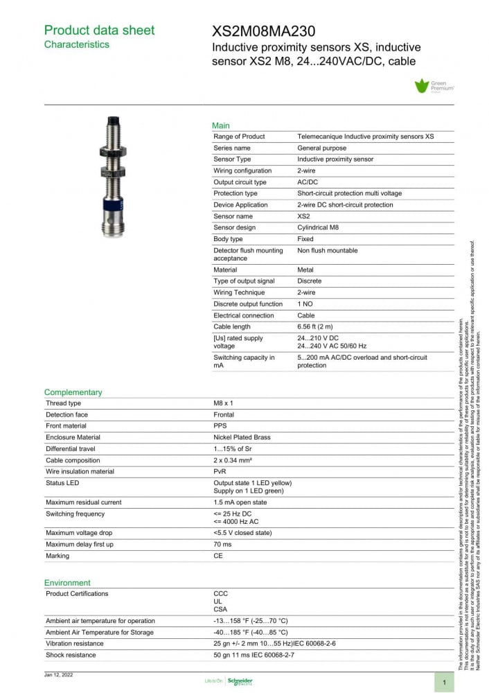 XS2M08MA230 technical document page 1