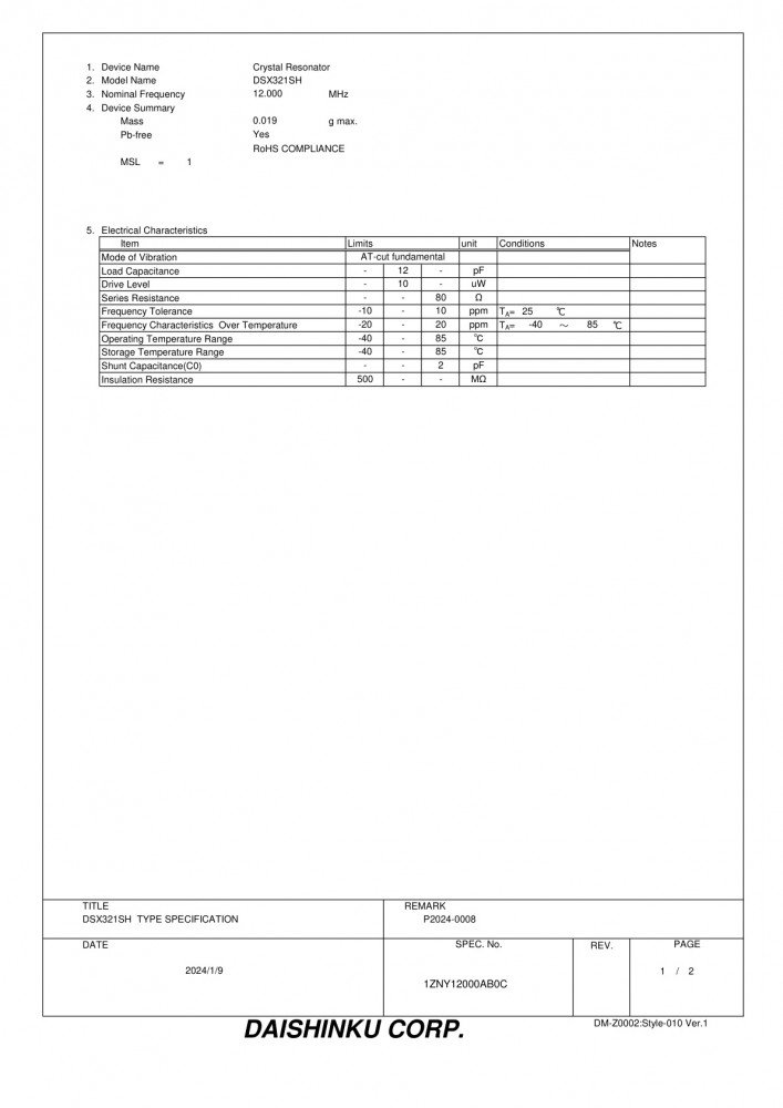 KDS 1ZNY12000AB0C specification page 1