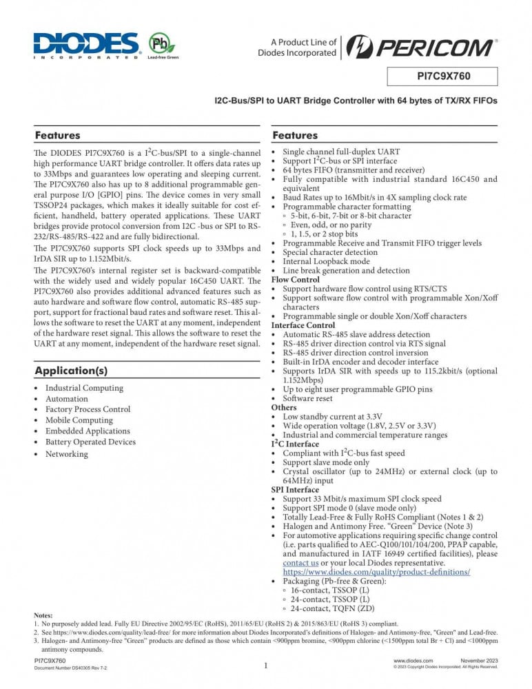 PI7C9X760ACLEX datasheet page 1