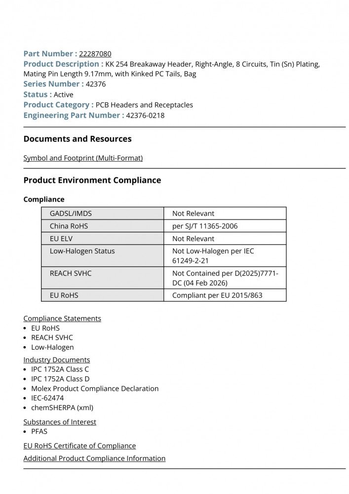 Technical document page 1 for MOLEX 22287080
