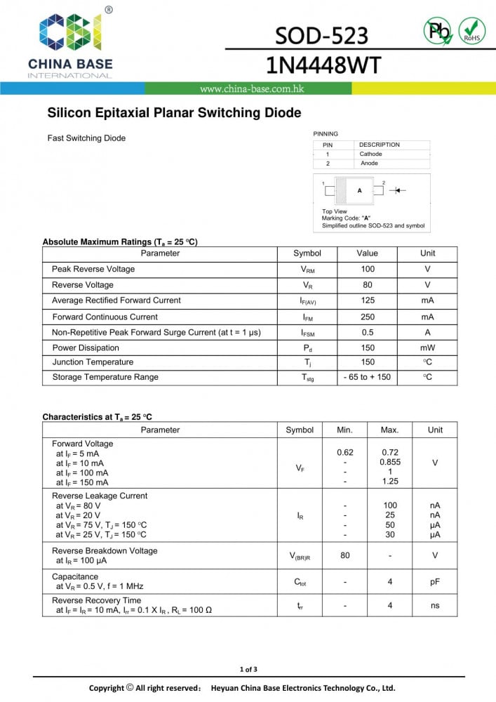 1N4448WT datasheet page 1