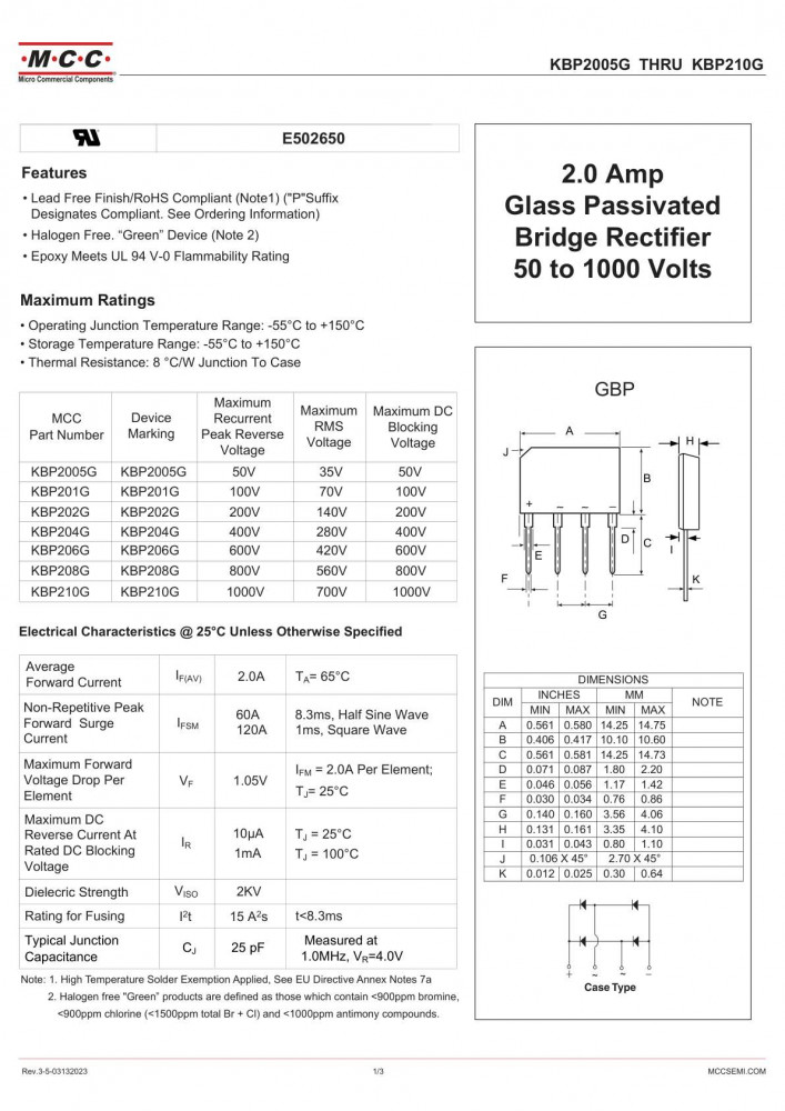 KBP204G-BP datasheet page 1