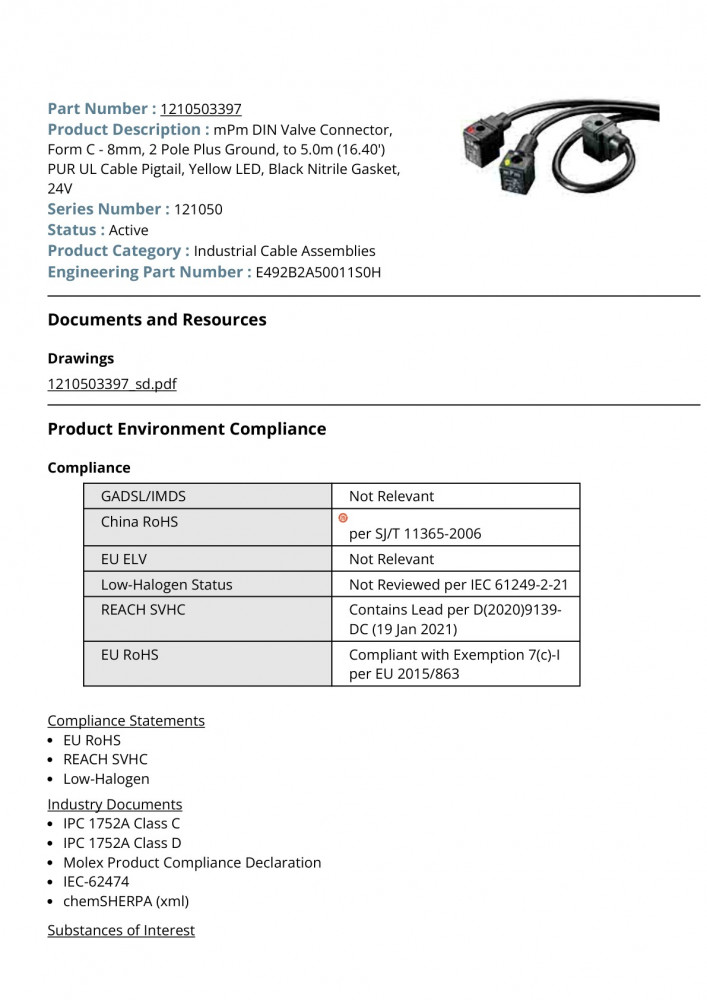 MOLEX 1210503397 product drawing, page 1