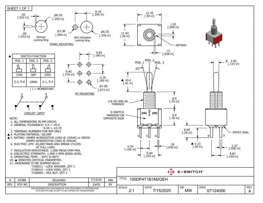 E-Switch 100DP4T1B1M2QEH product drawing and specification notes