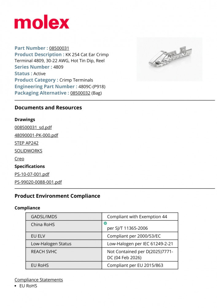 Molex KK 254 product specification page 1