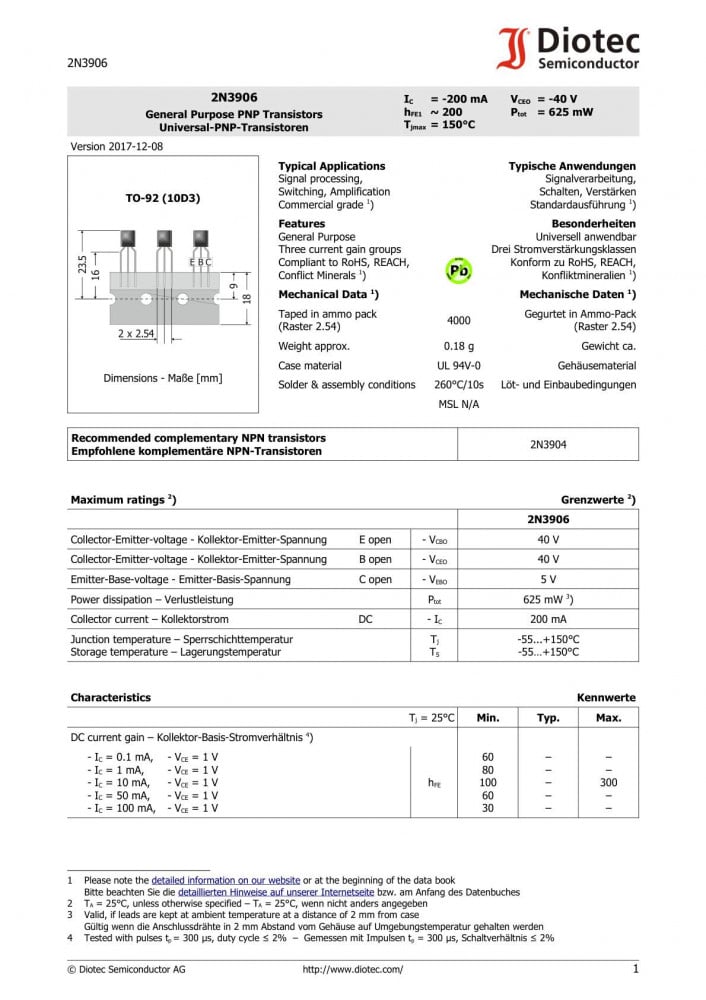 DIOTEC 2N3906 datasheet page 1