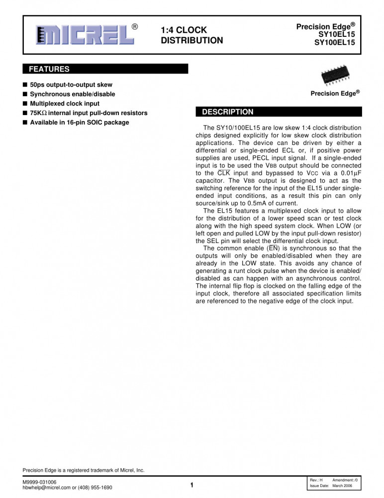 SY100EL15ZI-TR datasheet page 1