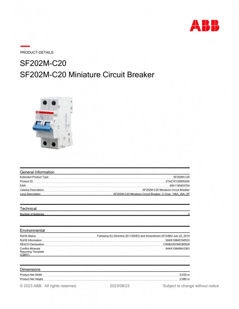 ABB SF202M-C20 technical document page 1