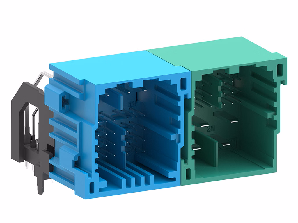 stAK50h 2 Bay Right-Angle Hybrid Header, 44 Circuits, Bay 1: 32 Circuits/Key 3/Dark Gray; Bay 2: 12 Circuits/Key 1/Black; Tube