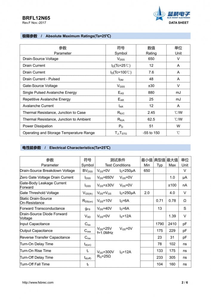 BRFL12N65 datasheet page 2
