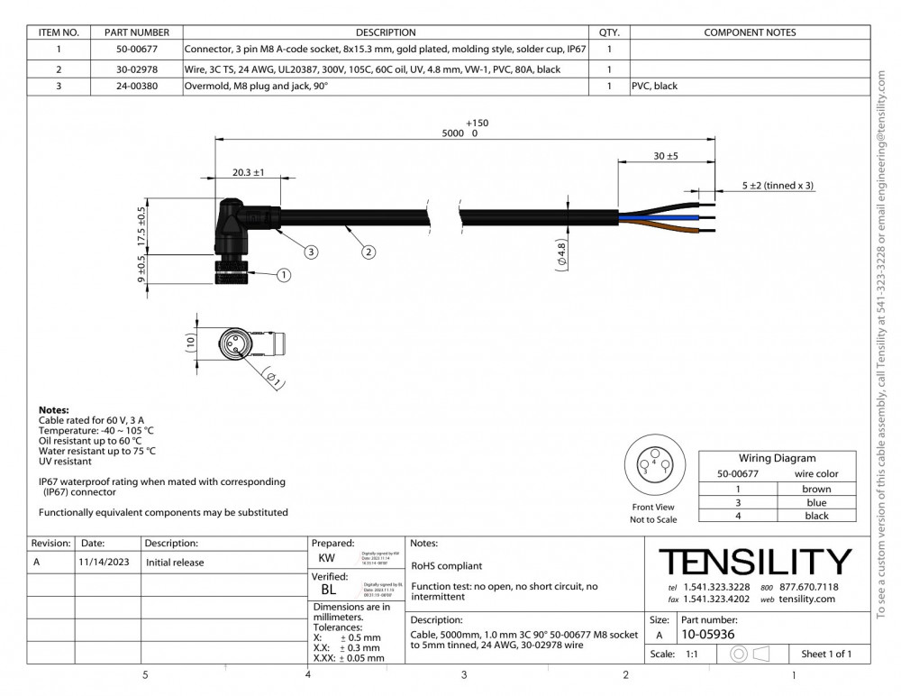 Product drawing for Tensility International 10-05936 cable assembly