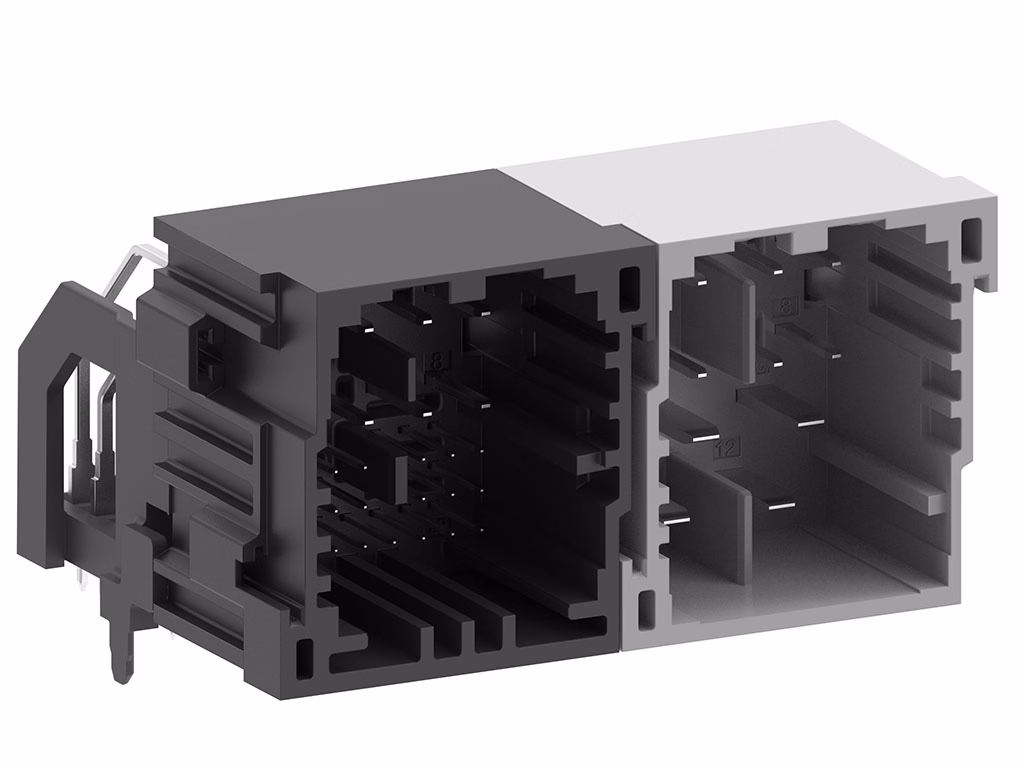 stAK50h 2 Bay Right-Angle Hybrid Header, 64 Circuits, Bay 1: 32 Circuits/Key 3/Dark Gray; Bay 2: 32 Circuits/Key 4/Purple; Tray