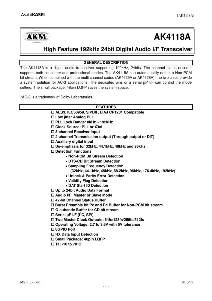 AK4118AEQ datasheet page 1