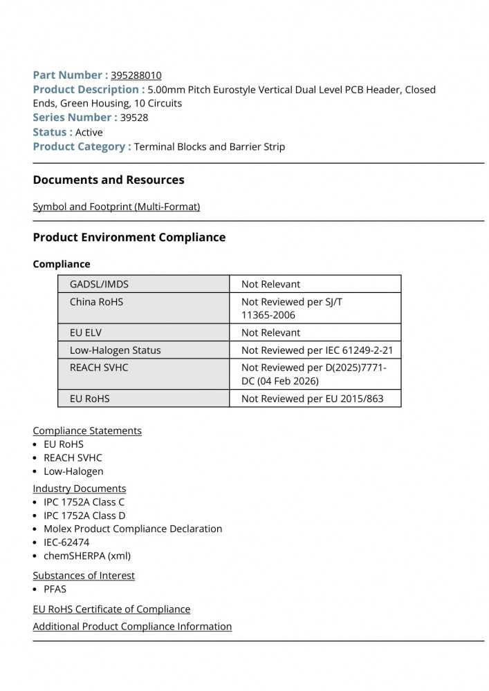 MOLEX 395288010 technical document preview, page 1