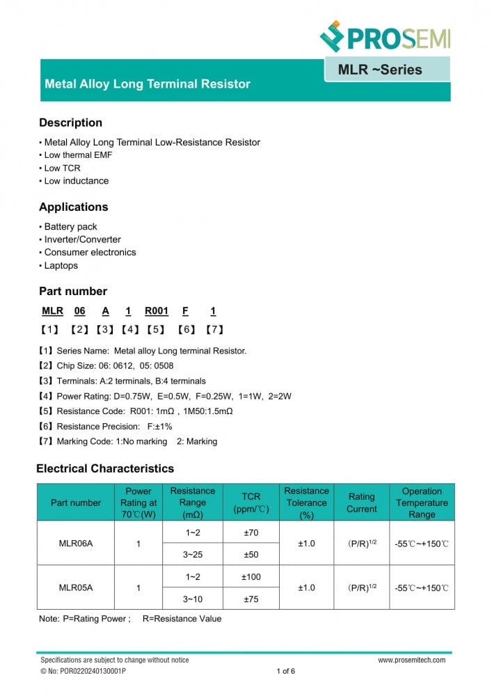 PROSEMI MLR06A technical document page 1