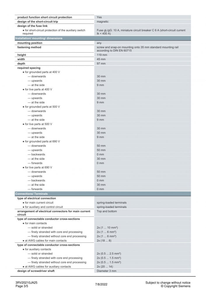 SIEMENS 3RV20210JA25 technical document page 3