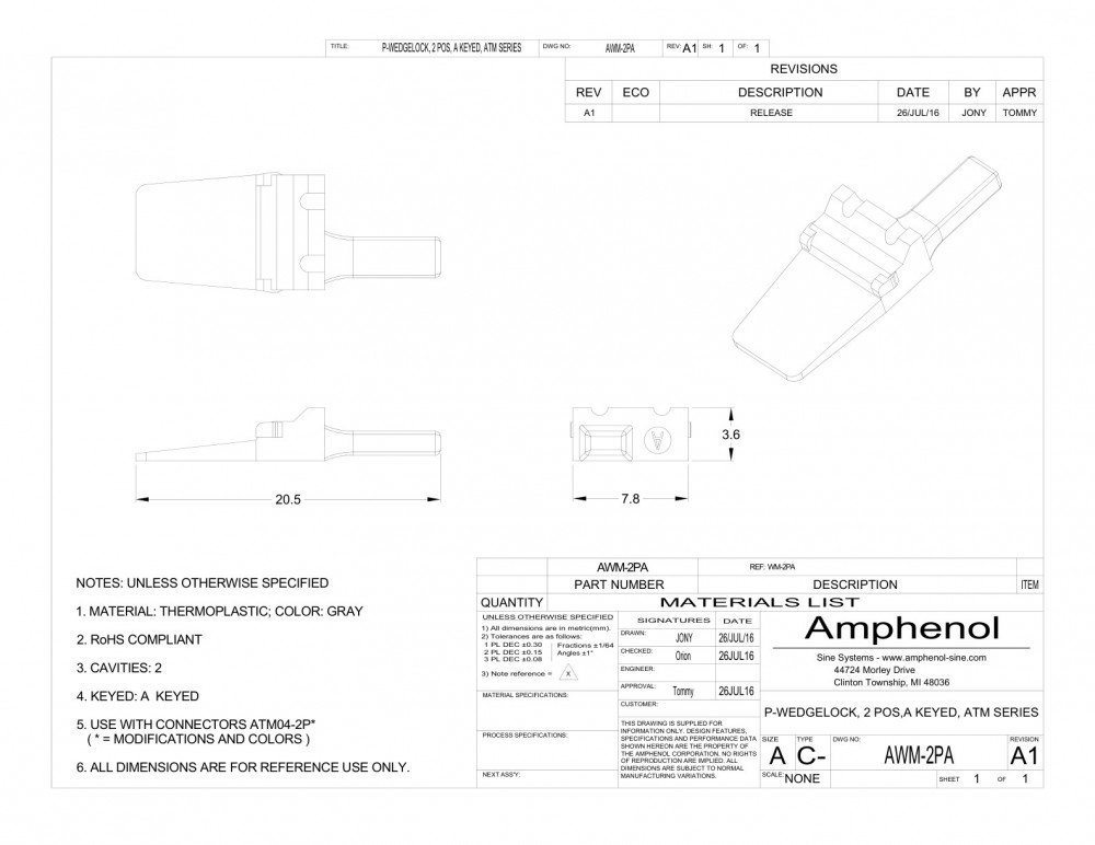 Amphenol AWM-2PA P-WedgeLock drawing