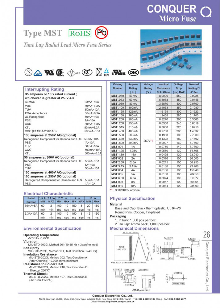CONQUER MST time-lag radial lead micro fuse datasheet preview