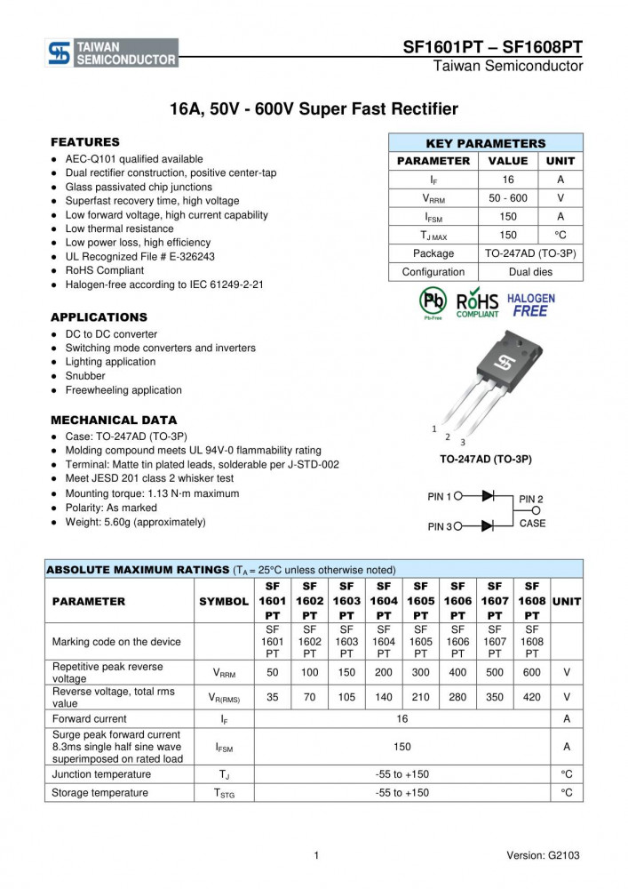 SF1604PT datasheet page 1