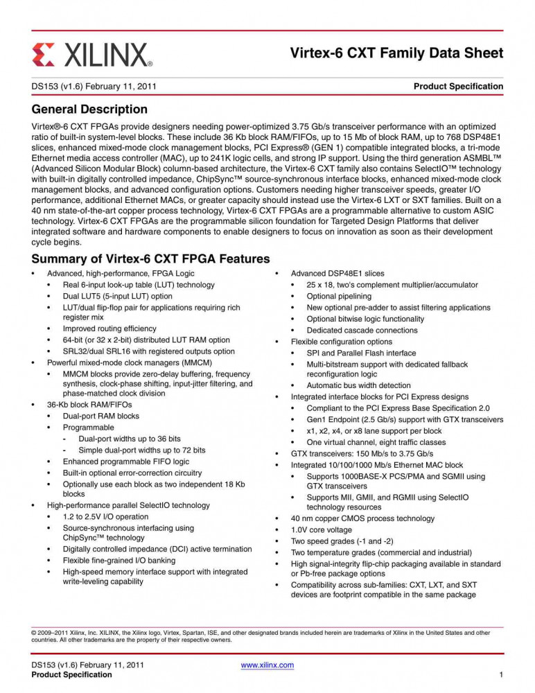 Virtex-6 CXT datasheet page 1