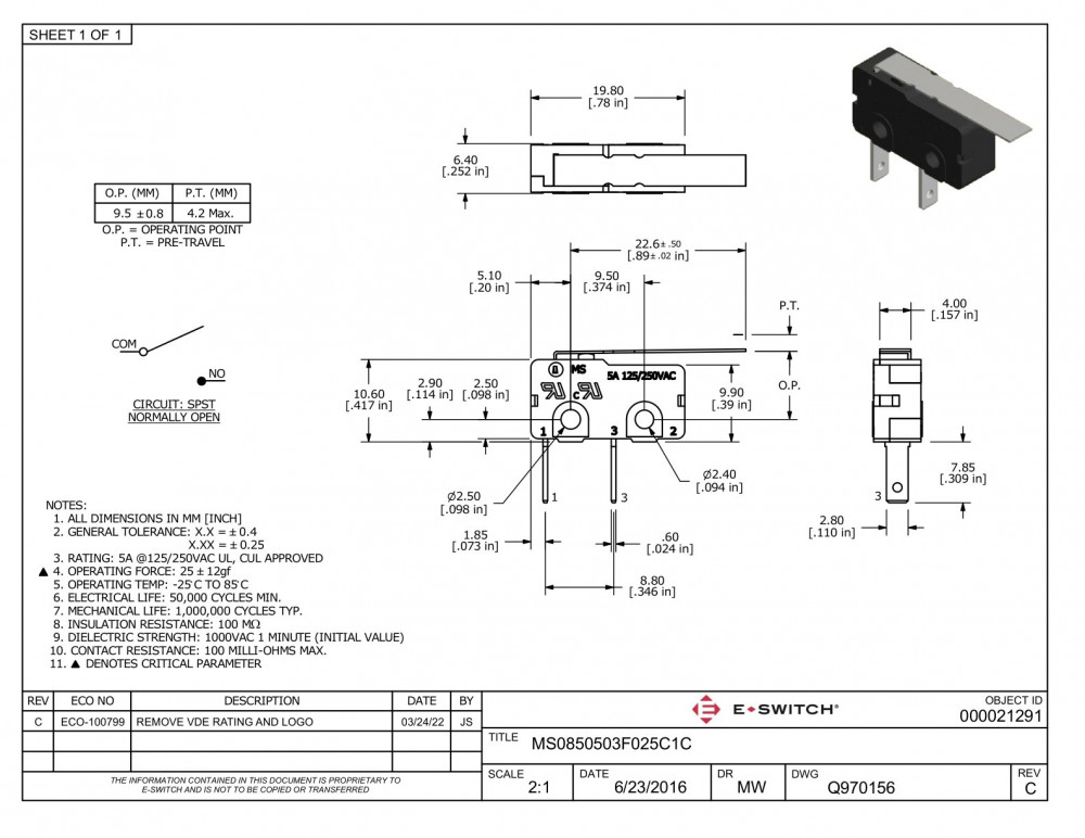E-Switch MS0850503F025C1C technical drawing